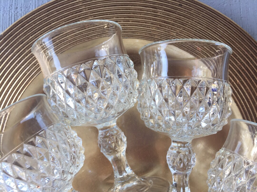 Vintage Clear Glass Diamond Point Goblets Wine Glasses, Indiana Glass ...