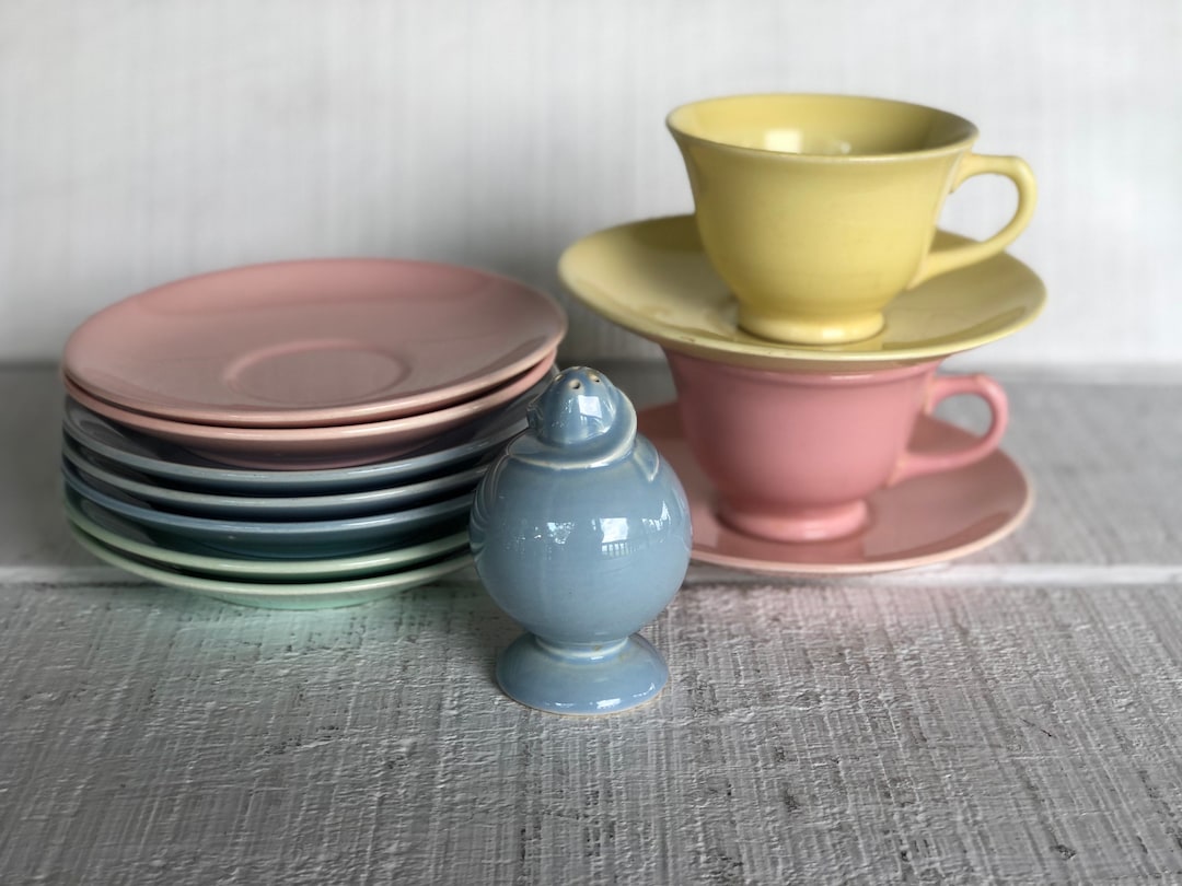 1940's Pastel Luray China Tea Cups / Saucers Salt Shaker Creamer ...