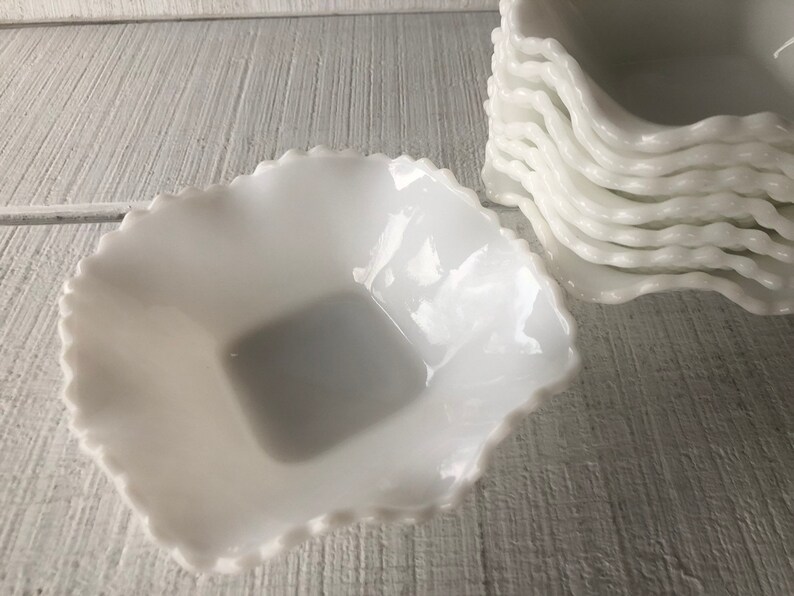 Vintage Opaque Square White Glass Bowl Scalloped Edges Hobnail | Etsy