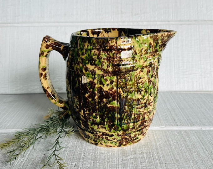 Antique XL Stoneware Pitcher Green Brown Yellow Spongeware Pottery ...