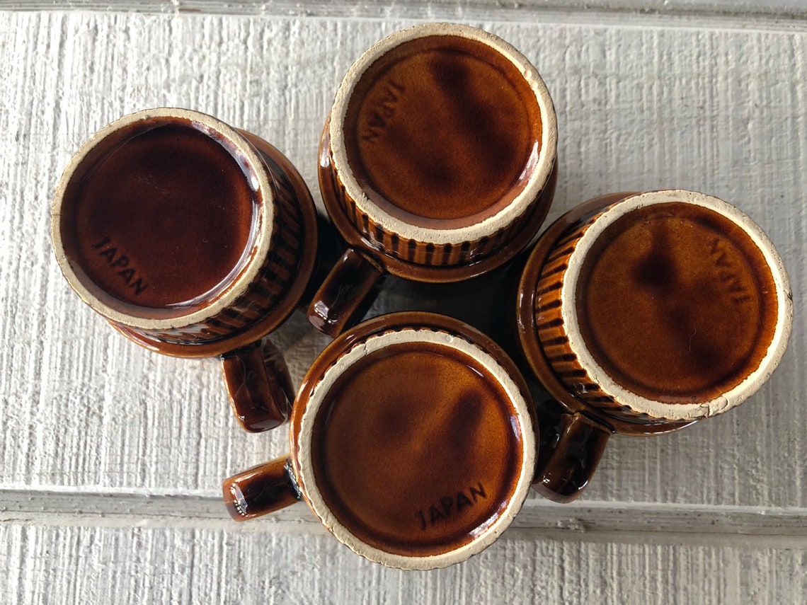 4 Vintage Brown Drip Coffee Mugs 2 Finger Handle Brown Pottery | Etsy
