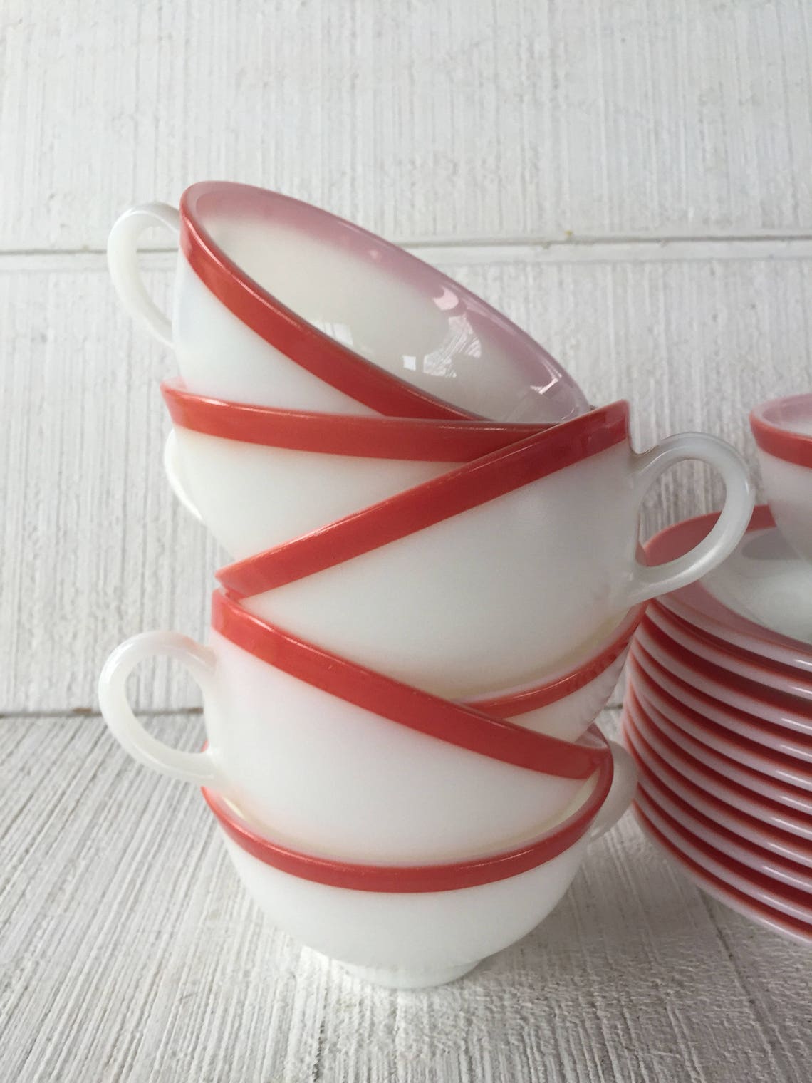 Vintage Pyrex opalware coral band / gold trim cup and saucer | Etsy