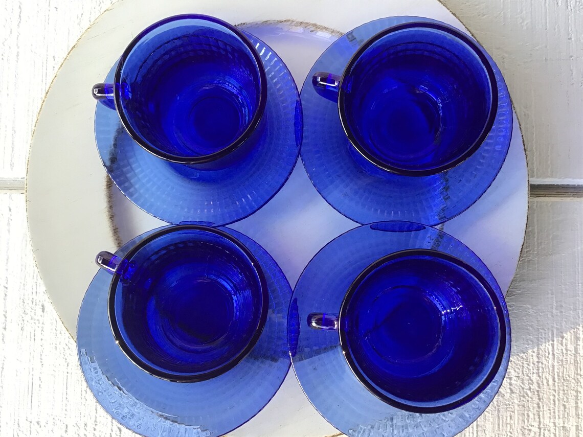 Vintage Blue Glass Cup and Saucer Set Cobalt Blue Mug and - Etsy