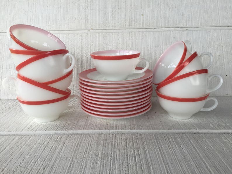 Vintage Pyrex Opalware Coral Band / Gold Trim Cup and Saucer, Vintage ...