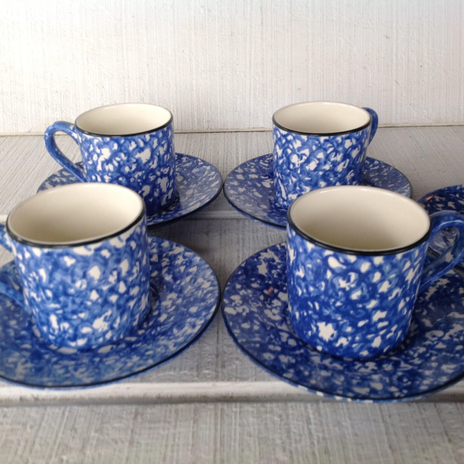 1 Vintage Stangl Blue Spongeware Town and Country Mug and Saucer, Hand ...