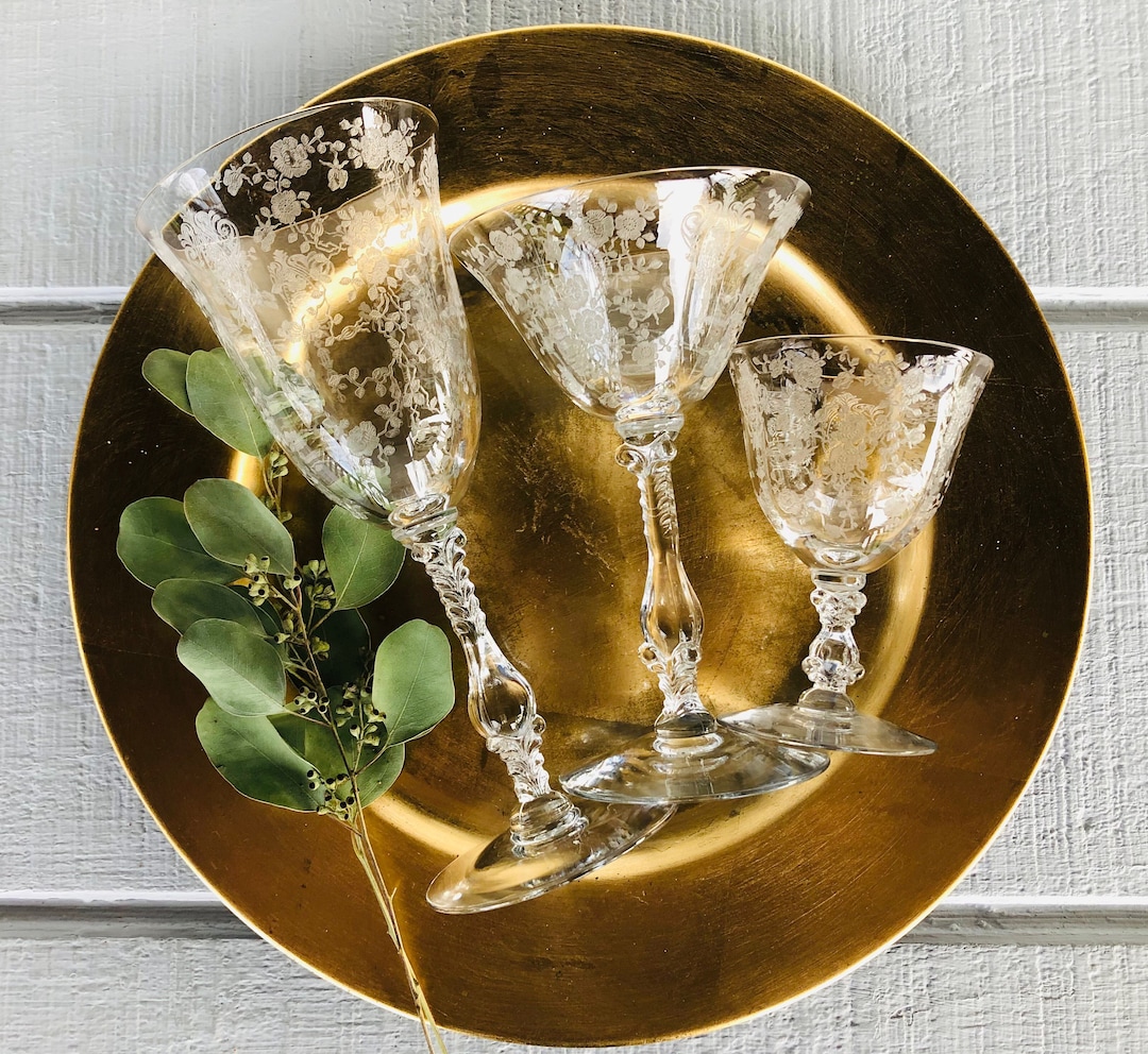 1930s 1940s Cambridge Glass Rose Point Clear Glassware Etched Champagne ...
