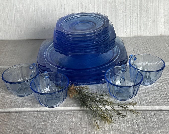 16 Pc Recollection BLUE Indiana Glass 80s Dinner Plate Salad Bowl Cup ...