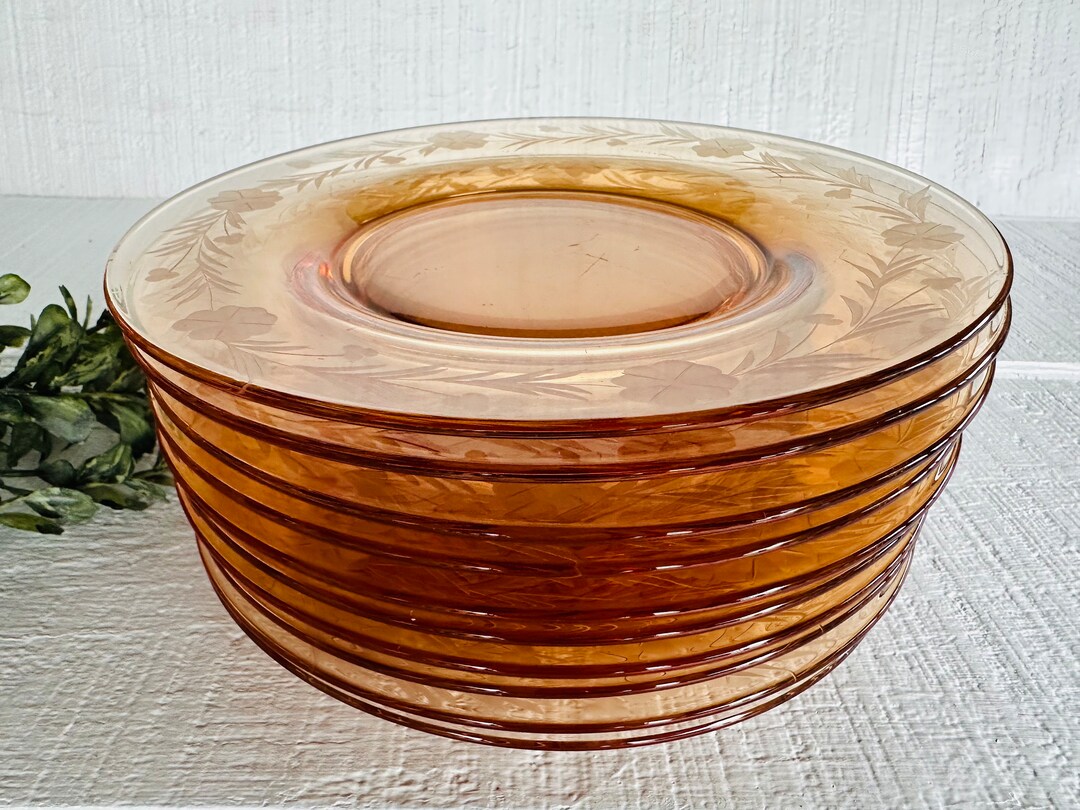 SET of NINE Orange Glass Etched Depression Plates Peach Colored Glass ...