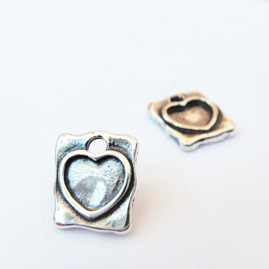 925 Sterling Silver Heart Charm, Rectangle Charm With Heart, Heart ...
