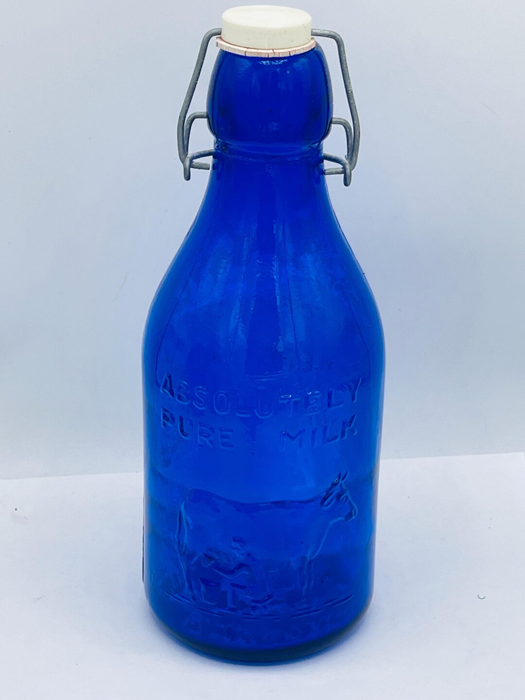 Cobalt Blue Glass Absolutely Pure Milk the Milk Protector Cow Bottle ...
