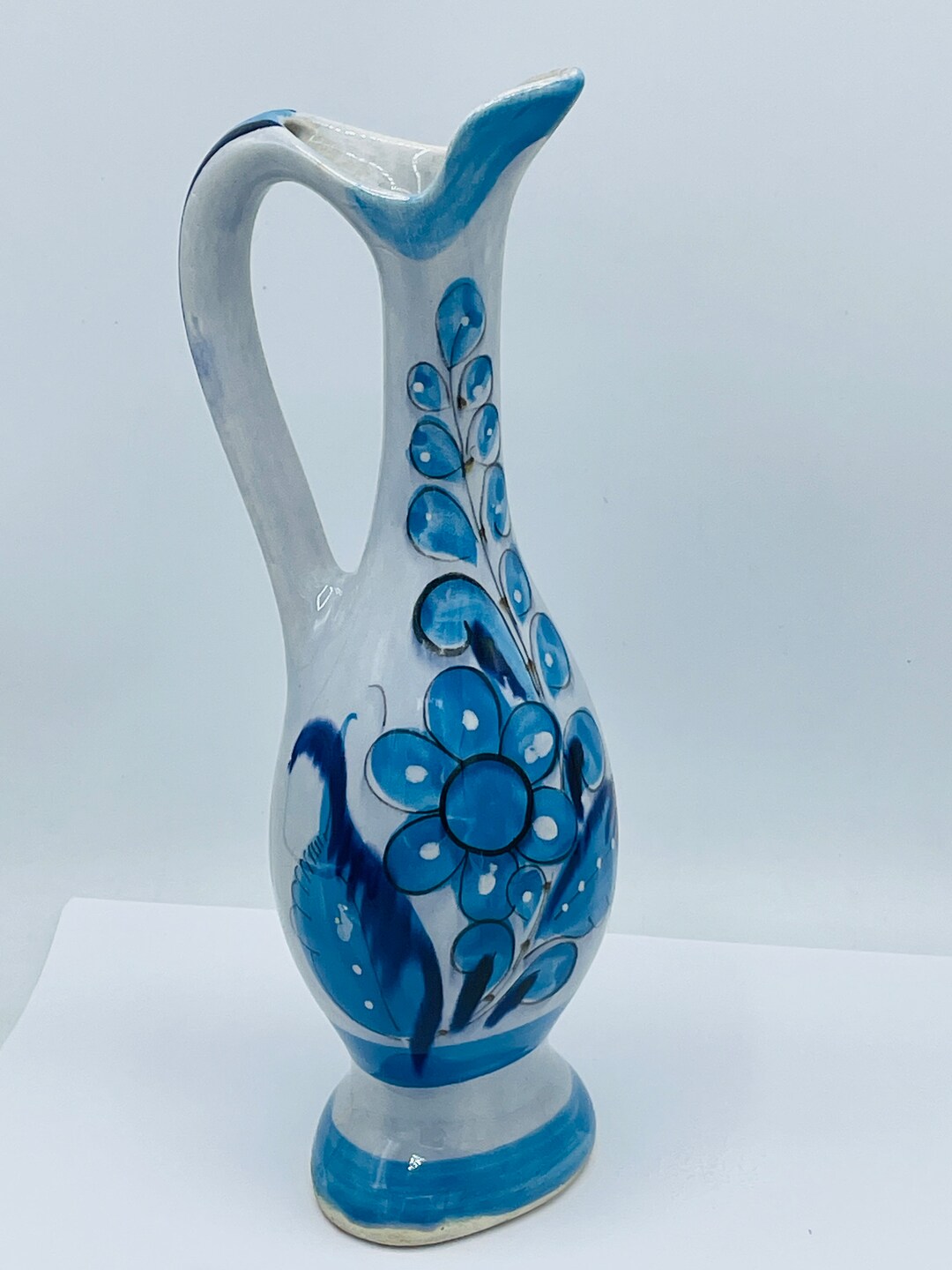 Vintage Tonala Pottery Mexico Blue Bird Pitcher Tall Butterfly Leaves ...