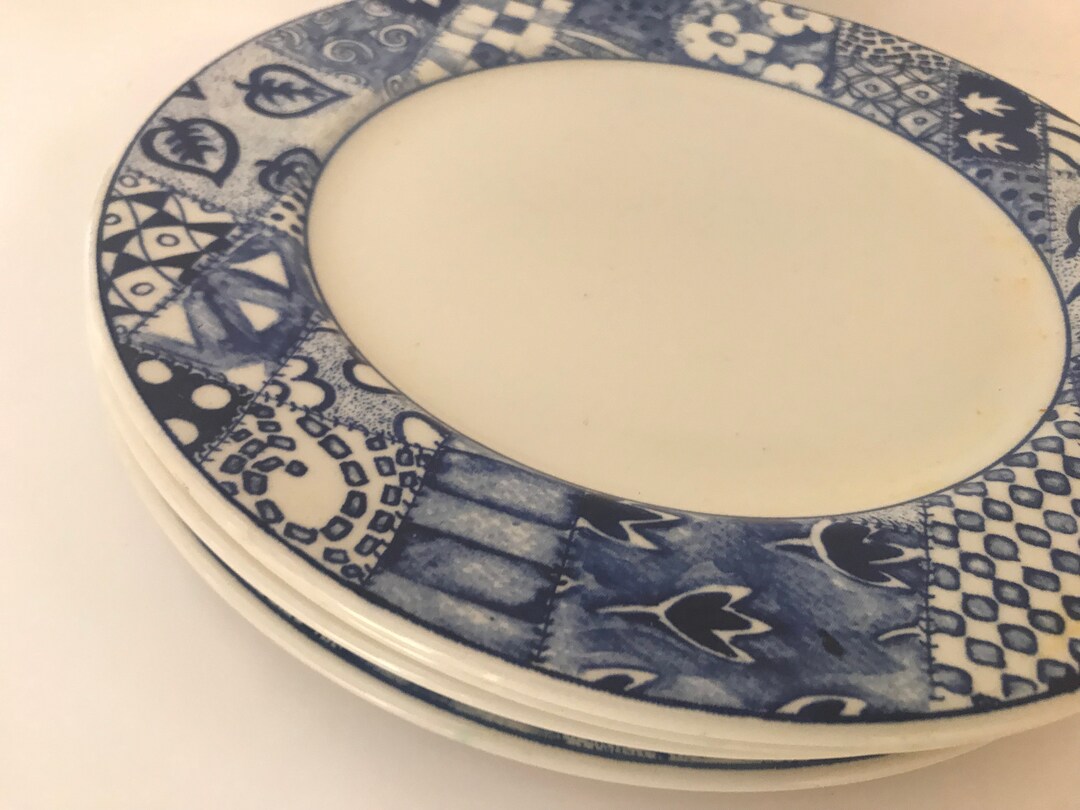 Vintage 7 PC EIT Ironstone Staffordshire eit17 Blue White Patchwork ...