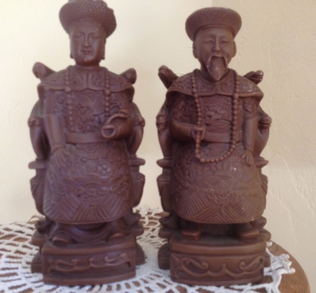 Mid Century Mandarin Terracotta Carved Resin Emperor and Empress ...