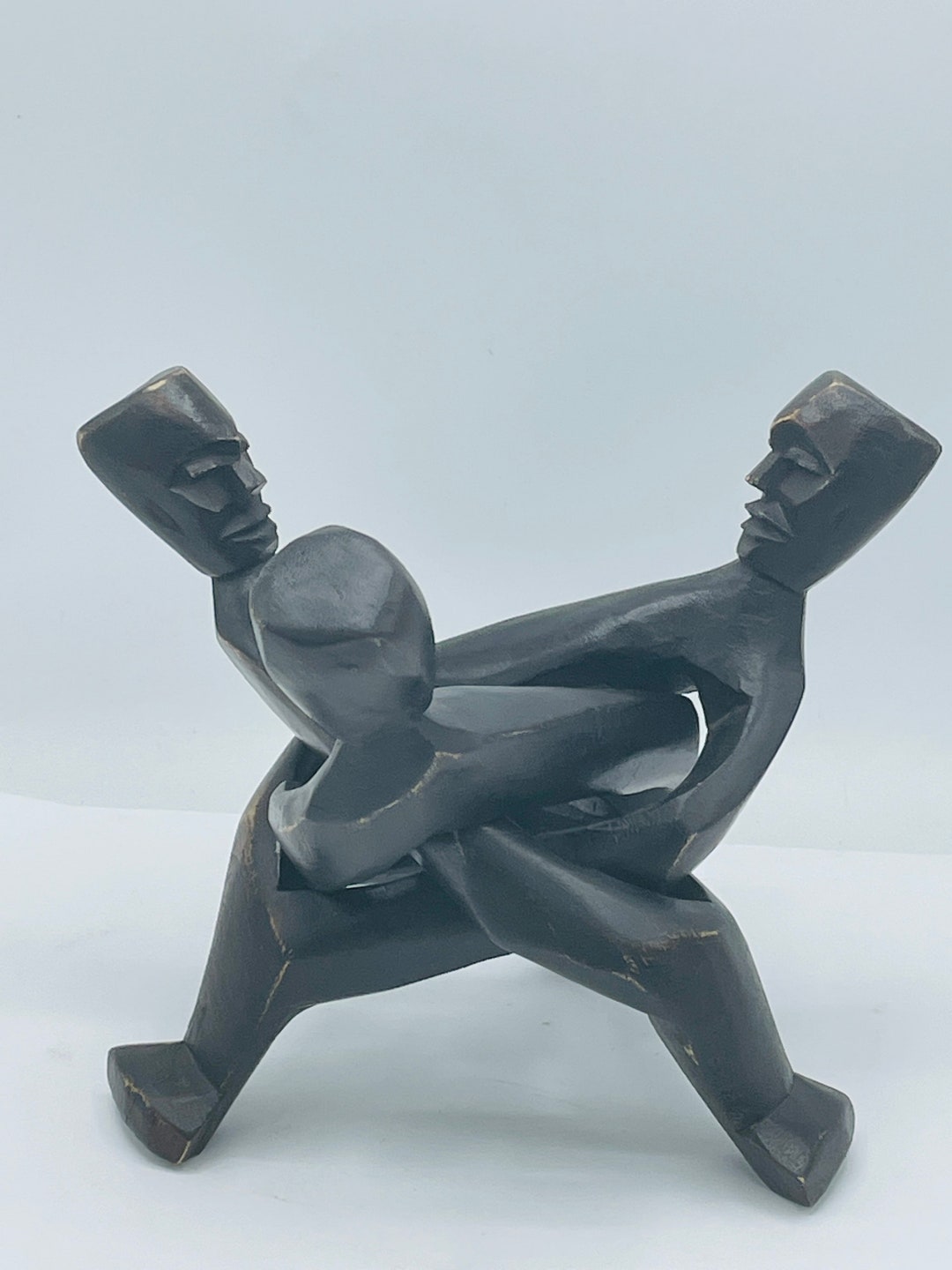 Hand Carved Wooden Interlocking Tribal Men Statue Tripod Stand - Etsy