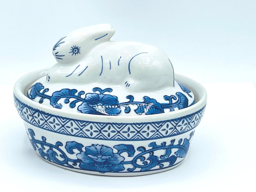 Vintage Bombay Blue and White Design Bunny Rabbit Trinket Dish Hand ...