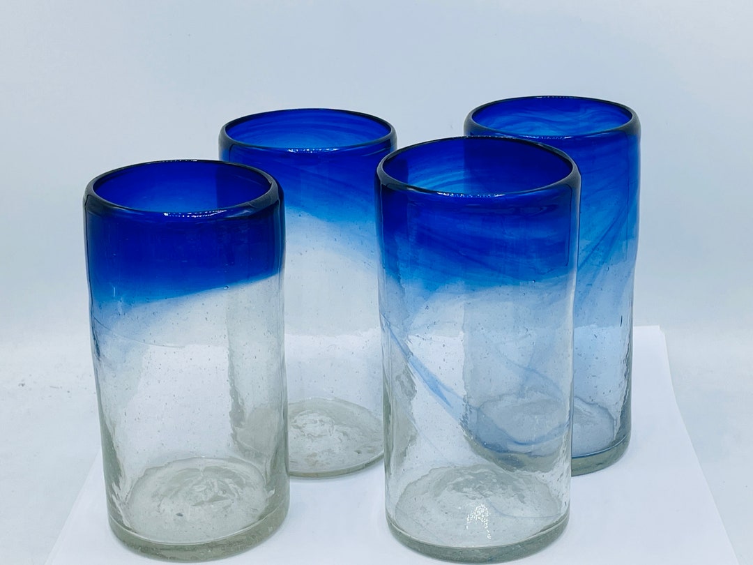 Mexican Blown Glass Tumbler Cobalt Blue Ombre Set 4 Vintage Pontil Scar ...