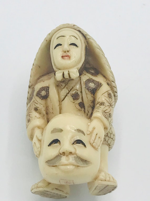 Vintage Netsuke Woman Holding Head Carved Ivory Colored Resin - Etsy