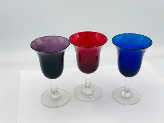 Set of 3 Vintage Red Blue Purple Cordial Shot Clear Stemmed | Etsy