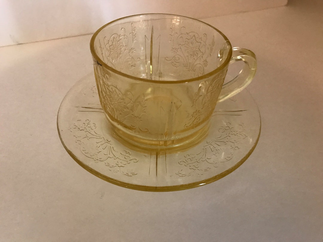 Vintage Yellow Sandwich Floral Pattern Glass Tea Cup and Saucer - Etsy