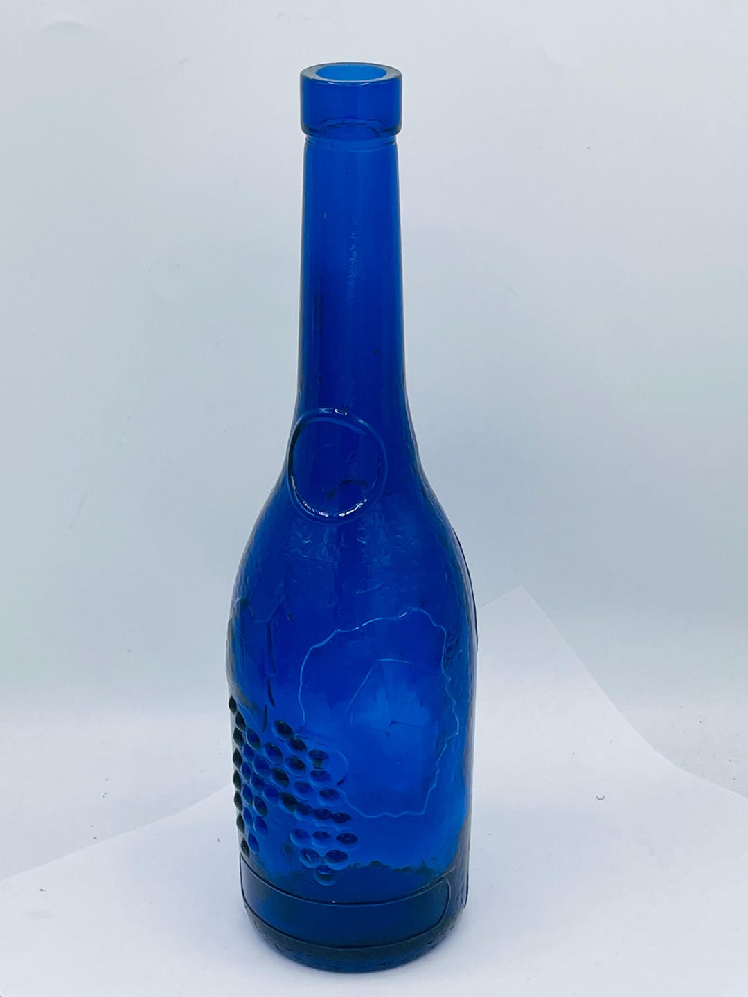 Vintage AM Blue Glass Wine Bottle 12" Tall Embossed Grapes and Leave ...
