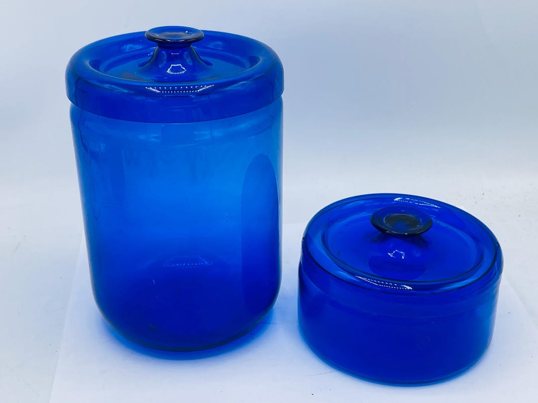 Rare Vintage Blue Glass Jars/-canisters - Hand Blown- Set of Two 7" and ...