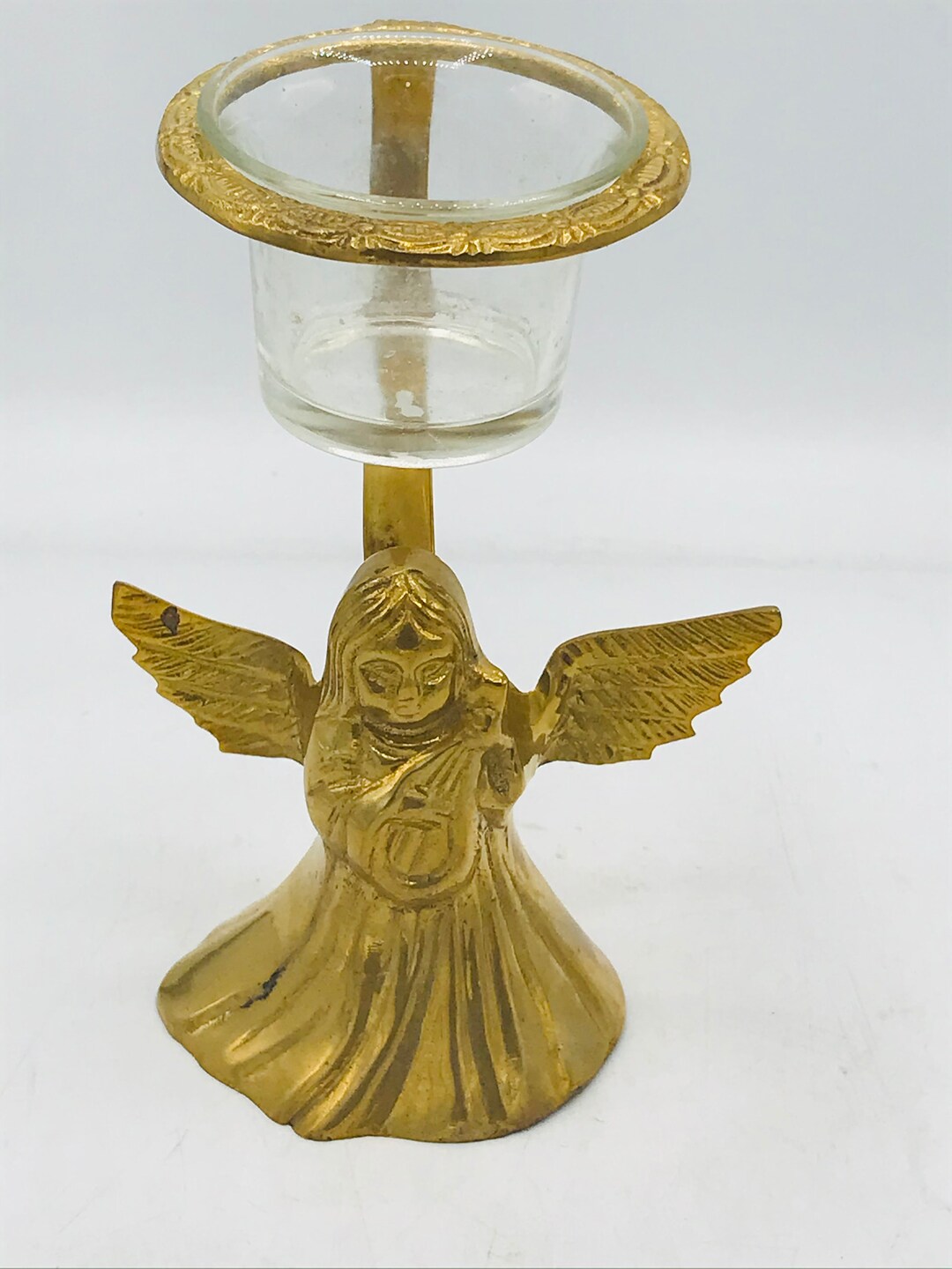 Vintage Brass Angel 2pc Glass Container Tea Light Votive Candle Holder ...
