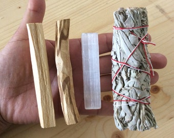 Smudging Kit Sage Smudge Stick, Palo Santo, Amethyst Crystal, Clear Quartz and Selenite ...