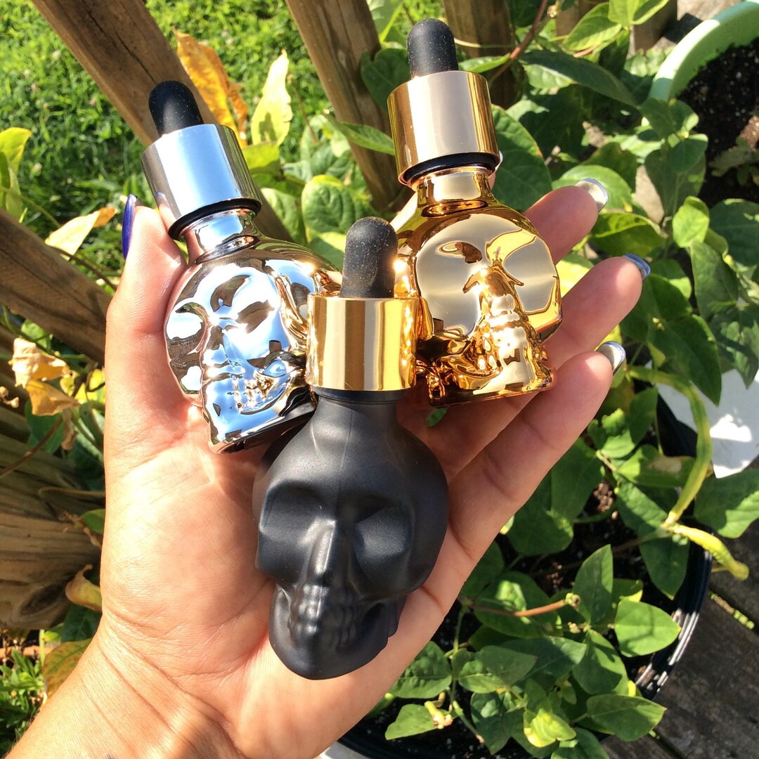 1 Oz Gold Silver Black Glass Skull Bottle, Skull Dropper, Skull Dropper ...