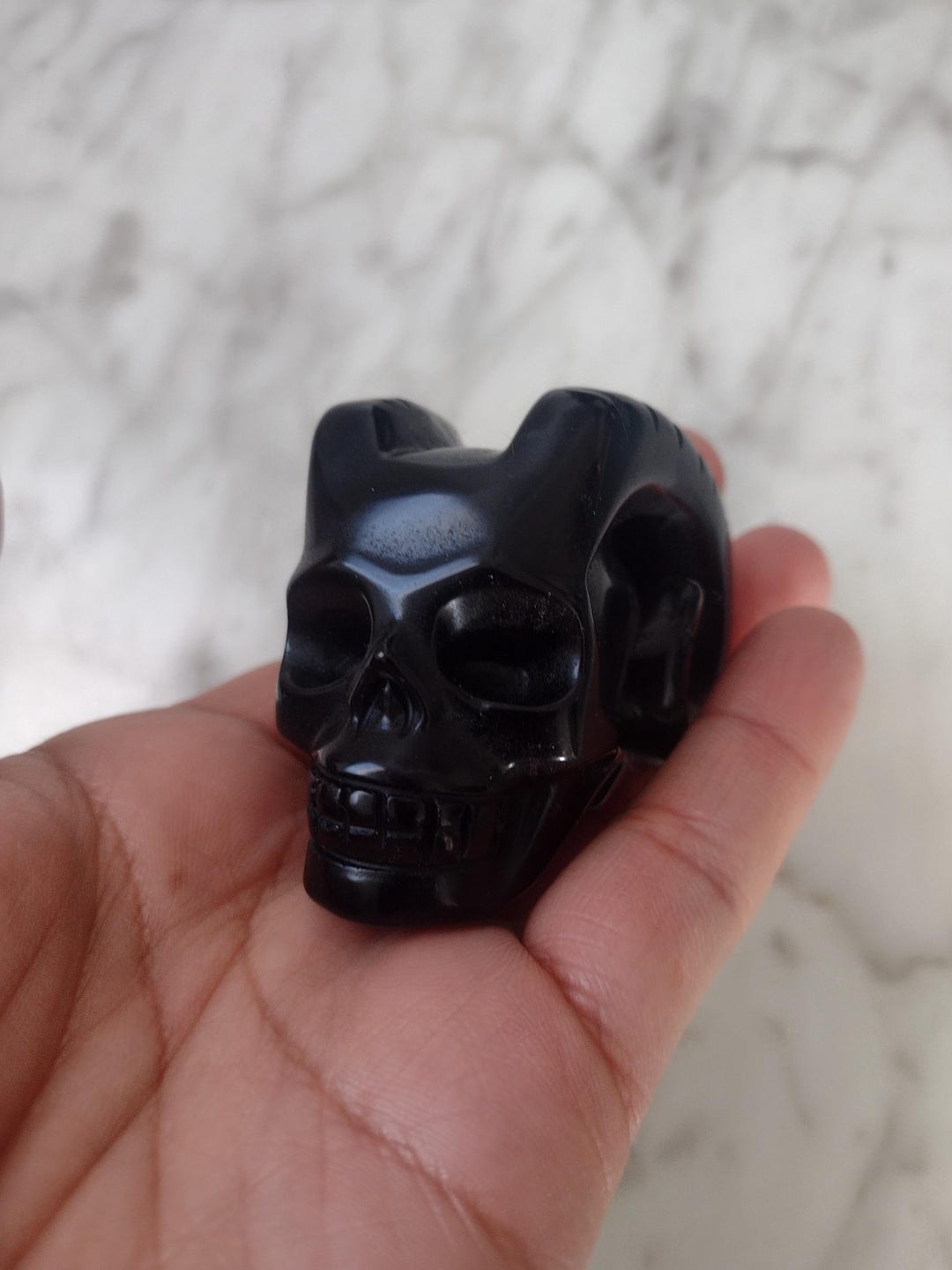 OBSIDIAN Skull With Horns, Demon Skull, Obsidian Carving, Obsidian ...
