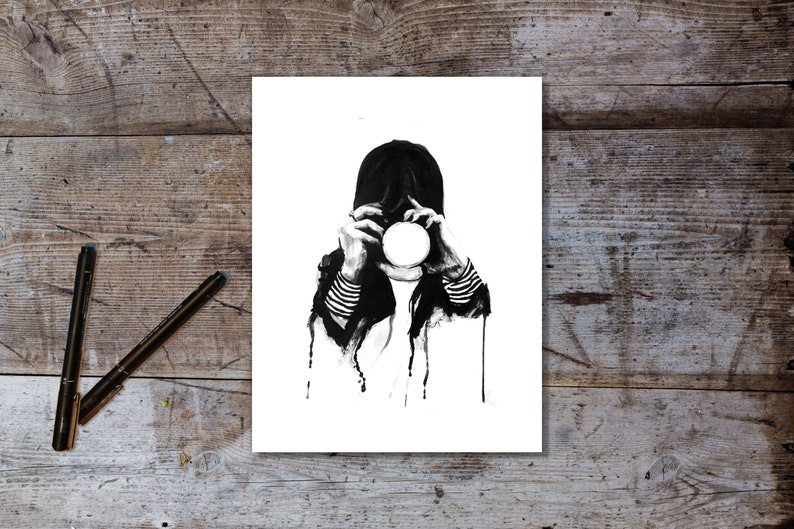 Girl and Camera. Pen and Ink Drawing From Sketchbook. Contemporary Fine ...