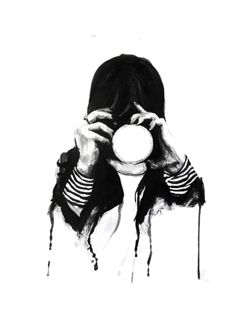 Girl and Camera. Pen and Ink Drawing From Sketchbook. Contemporary Fine ...