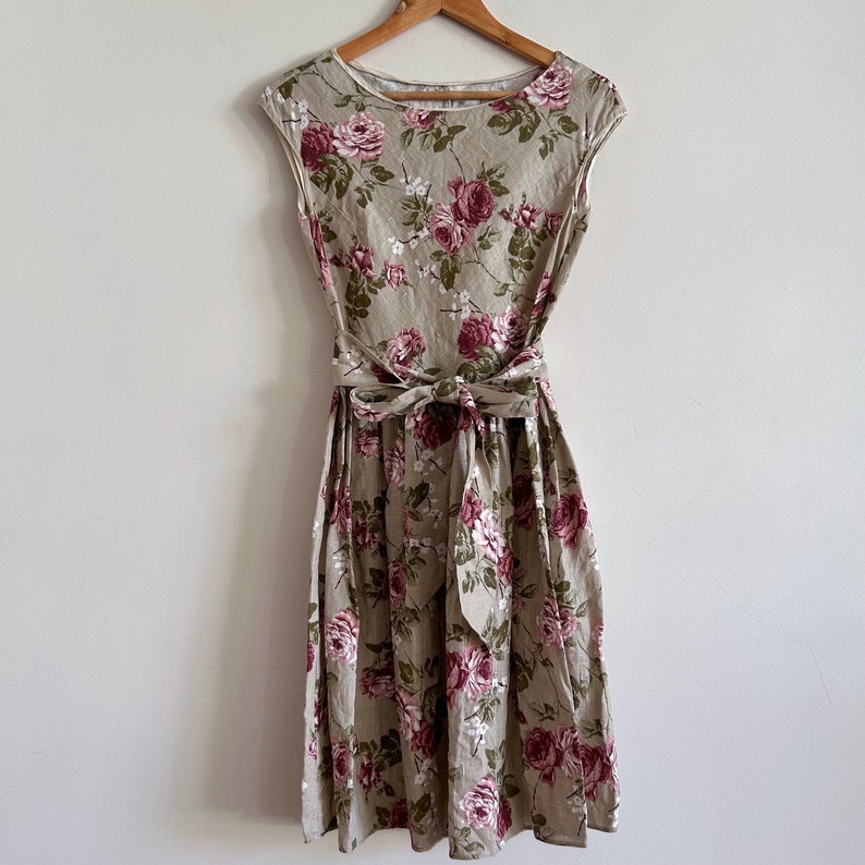 Vintage Floral Print Dress Beige Pink Flower Tea Dress A-line - Etsy