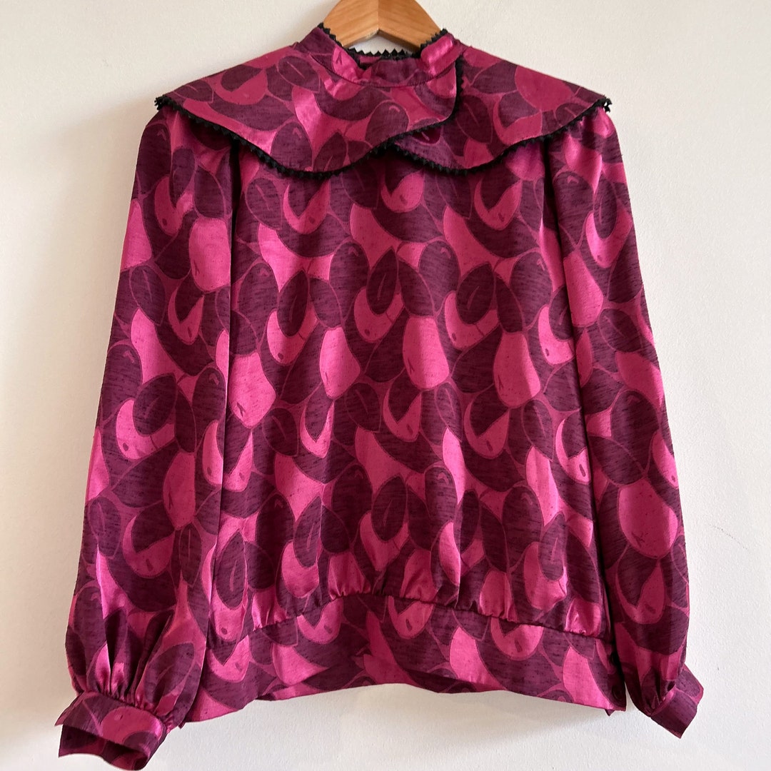 Vintage Pink Satin Blouse Ruffle Collar Puff Sleeve Pink - Etsy