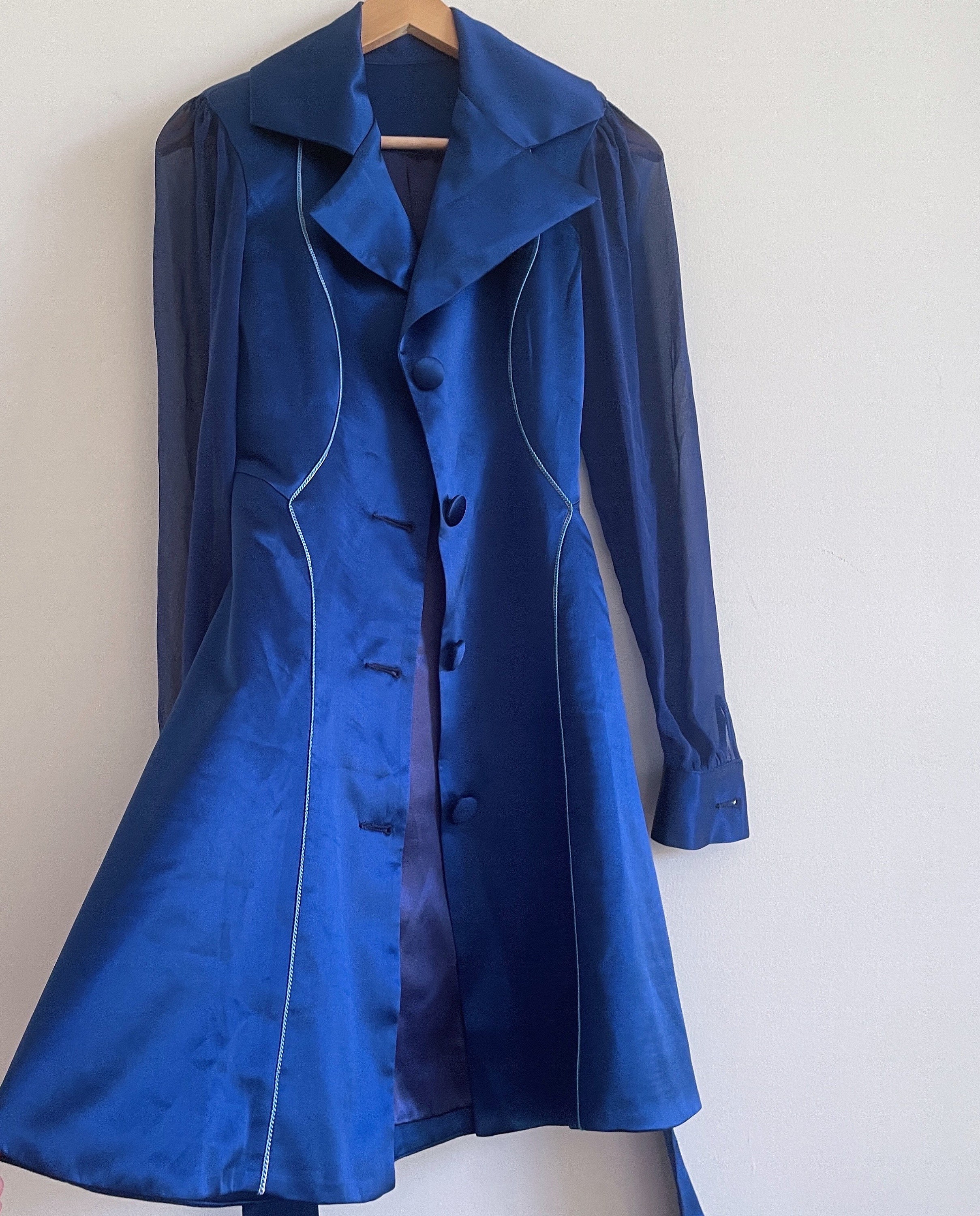 Vintage Retro Blue Coat Jacket 70s 80s Sheer Satin Piping - Etsy