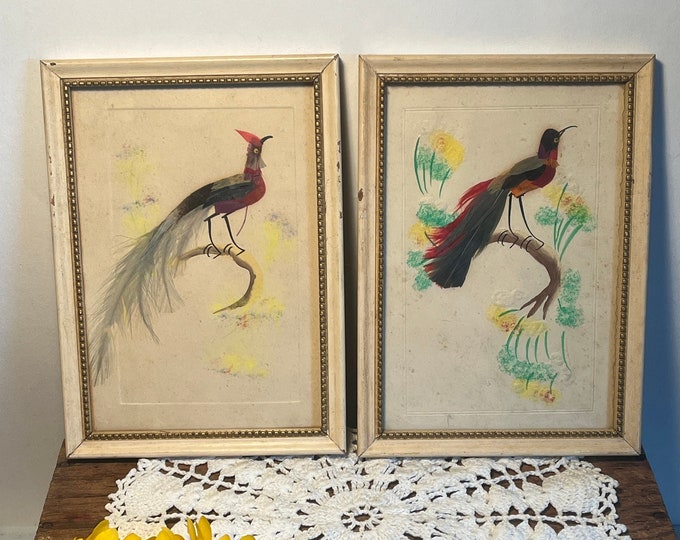 Vintage Framed Bird Feather Pictures, Art Deco Mid-century Decor, Real ...