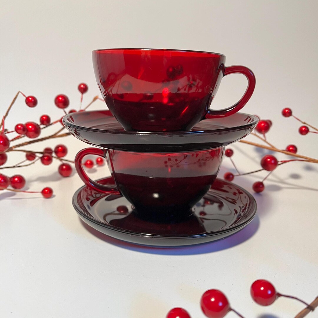 Set of 2 Ruby Red Cups and Saucers, Anchor Hocking Glass, Coffee or ...