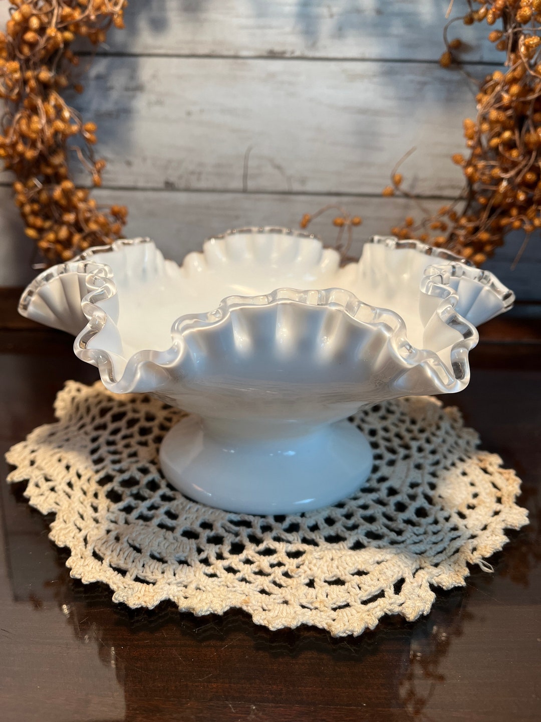 Fenton Candy Dish, Ruffled Rim Bowl, Silver Crest White Milk Glass ...