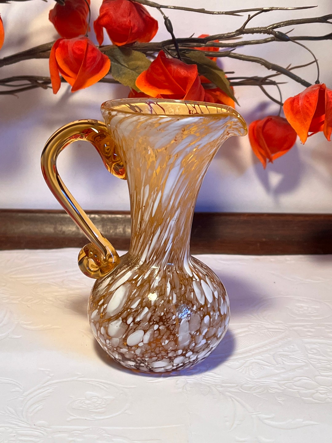 Rainbow Art Glass Creamer Pitcher, Amber and White Splatter Design ...