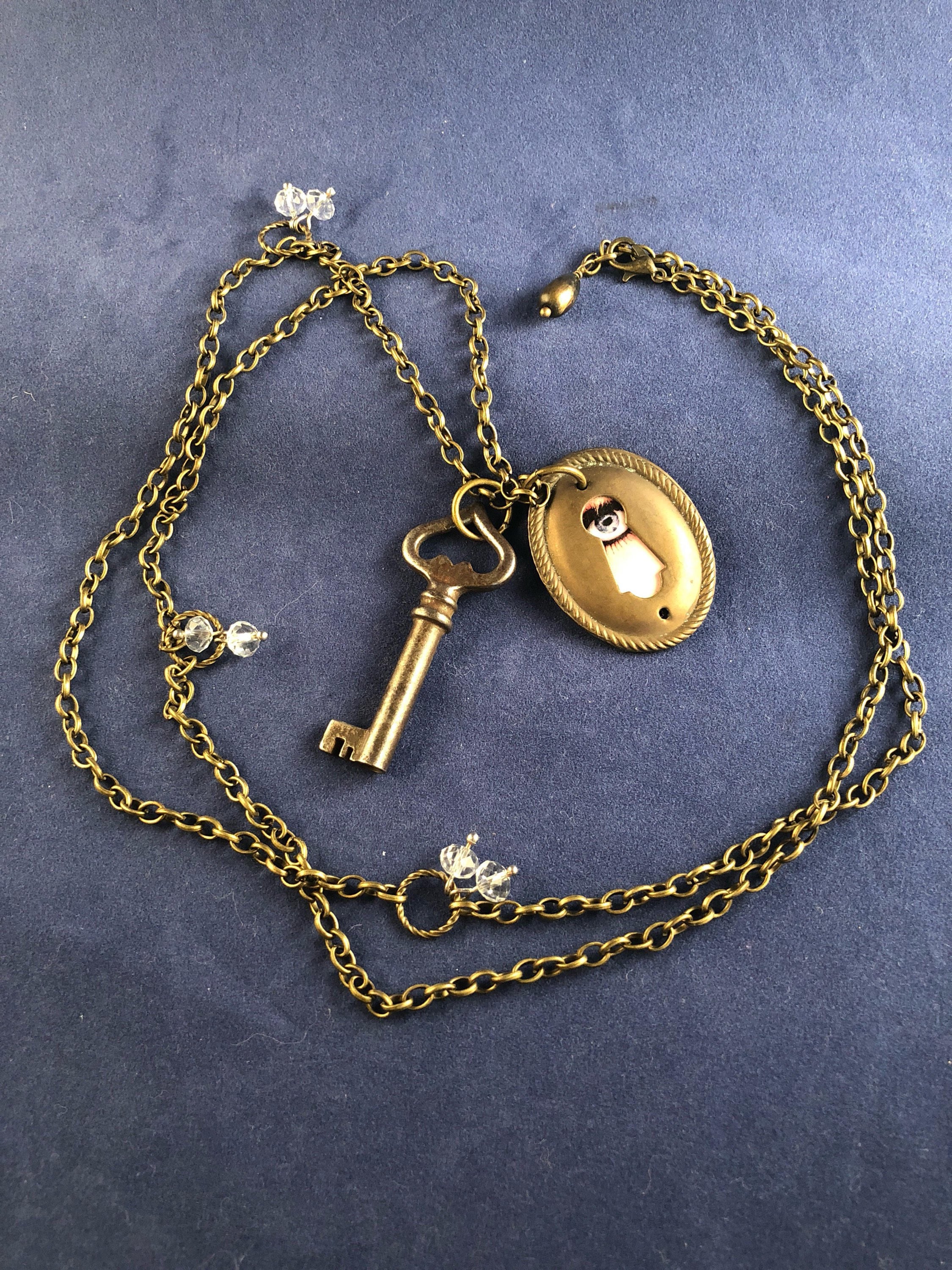 Key and Keyhole Pendant Necklace Long Vintage Elements - Etsy