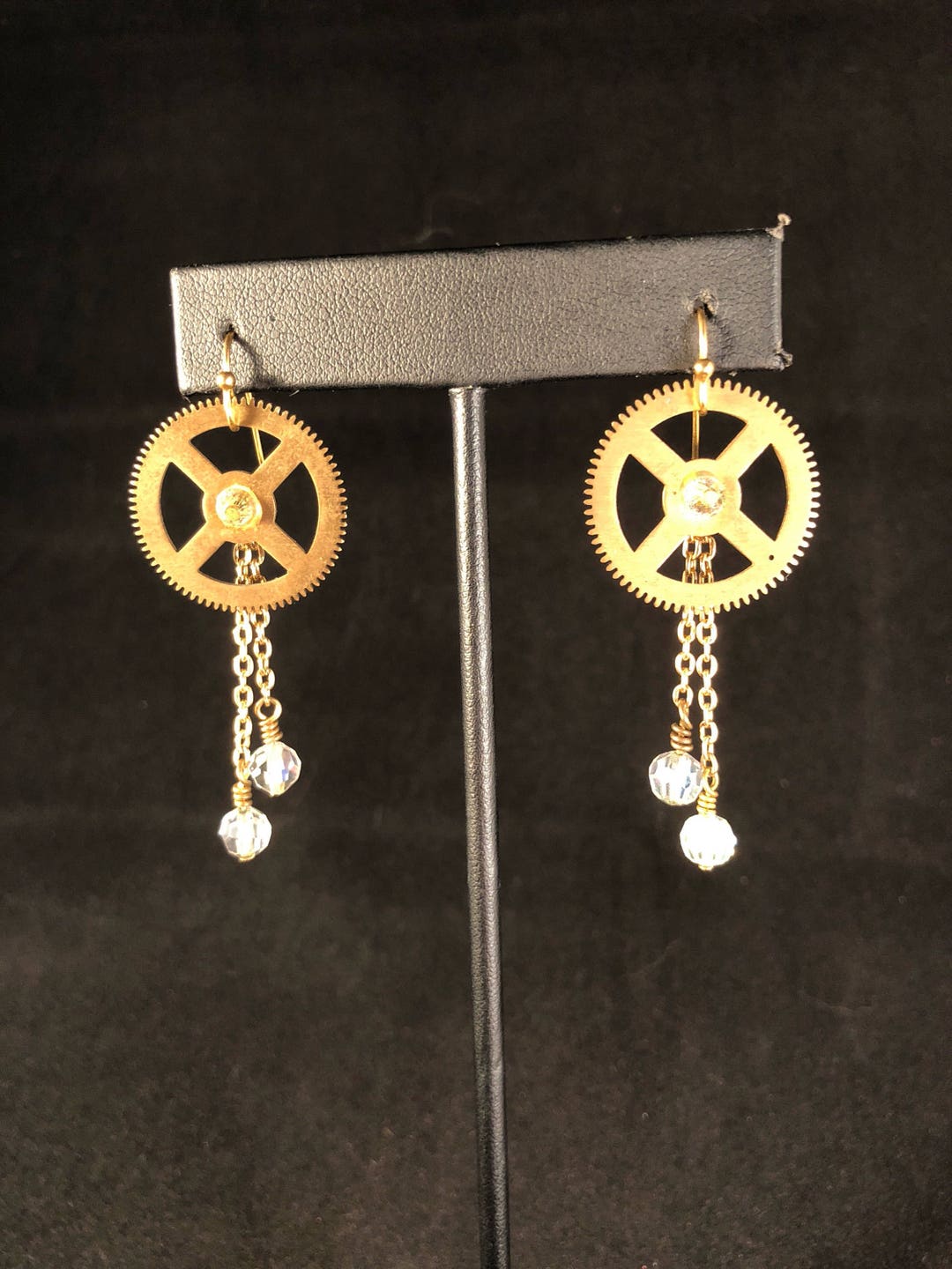 Clock Gear Earrings - Gear and Crystal Earrings - Dangle Earrings ...
