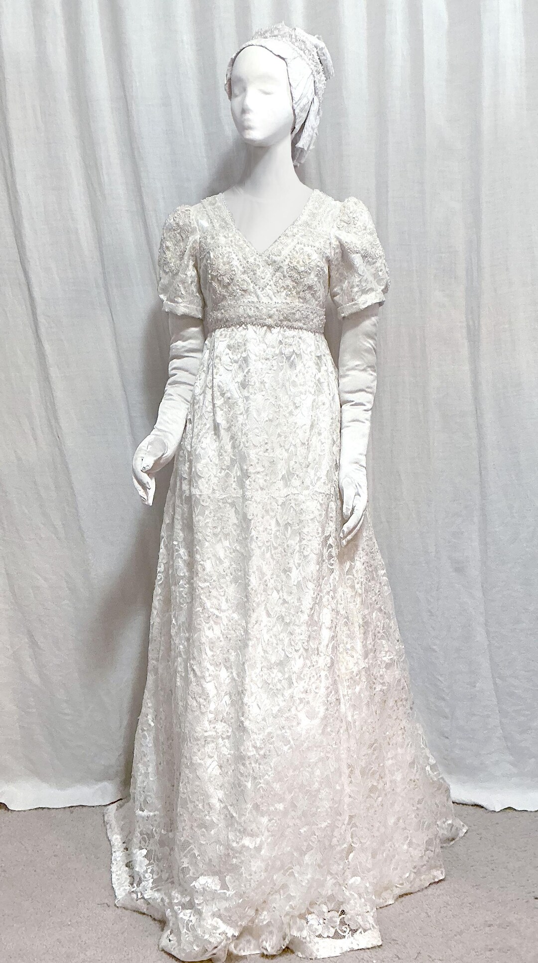 Regency Era – White Satin & Lace Gown – Bust 36- Bridal Dress- Ball ...