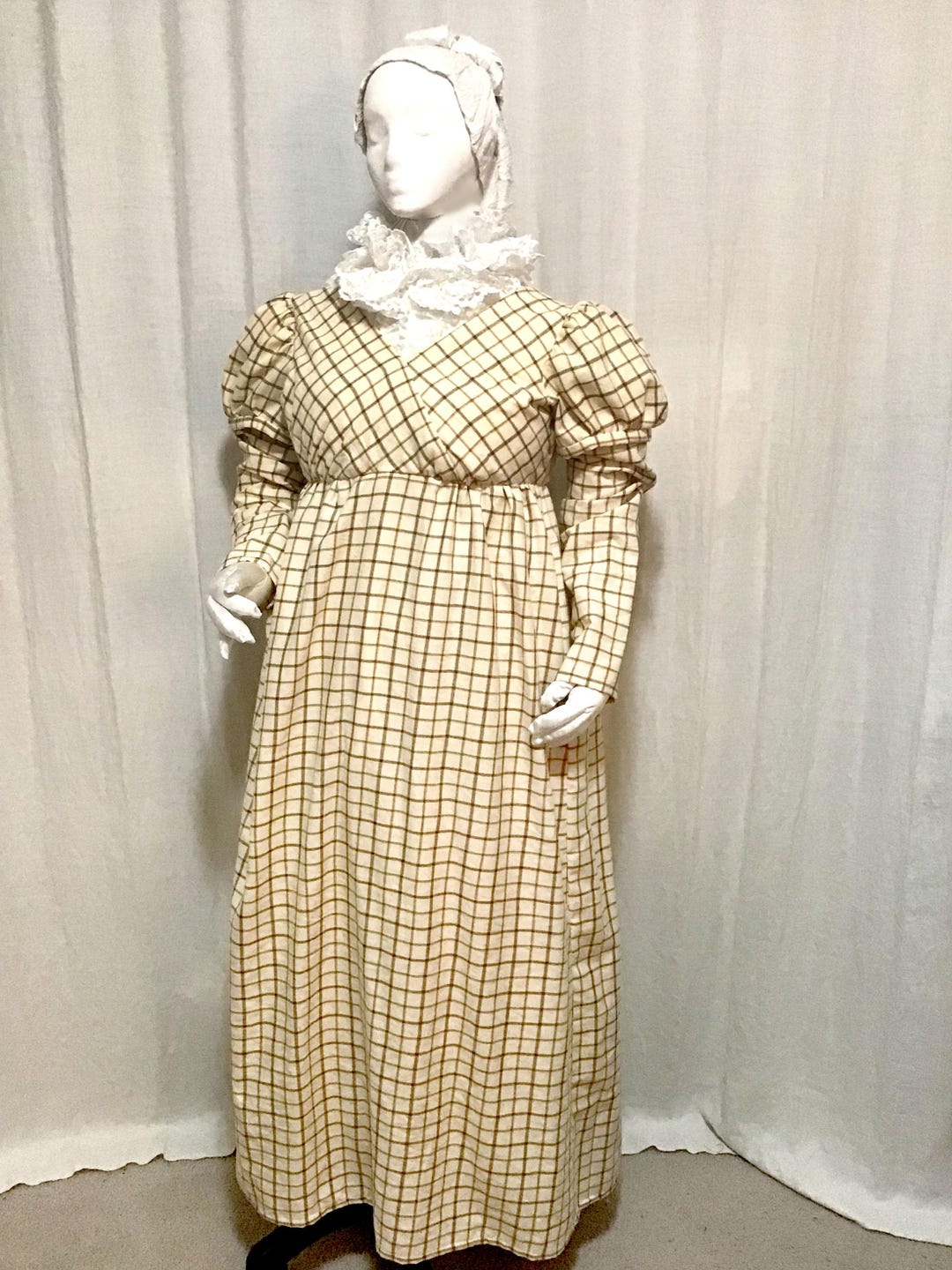 Regency Day Dress– 40-41 Bust – Yellow Checked Day Dress With White ...