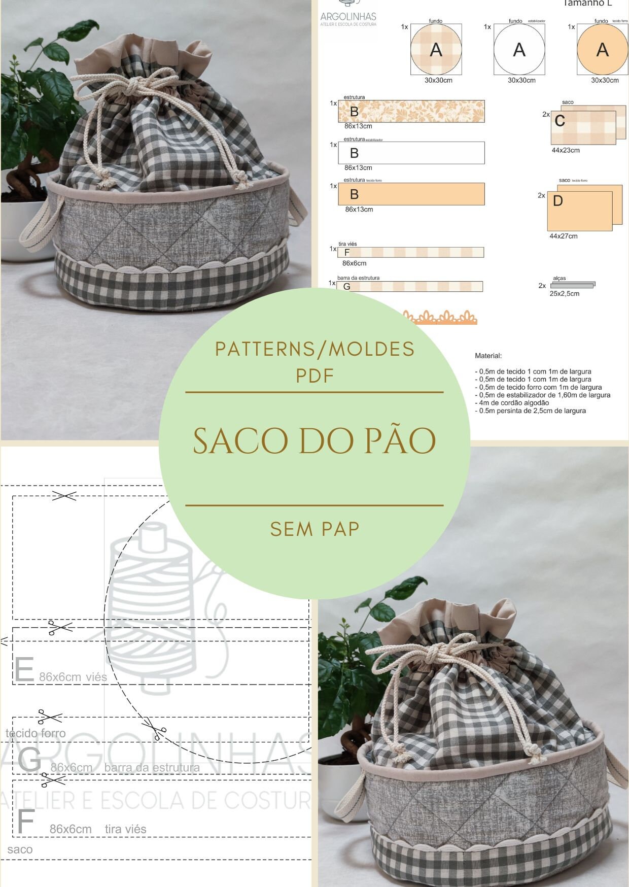 Saco Cesto Pão PDF, Sewing Patterns , Moldes Tamanho Real , Só Moldes ...