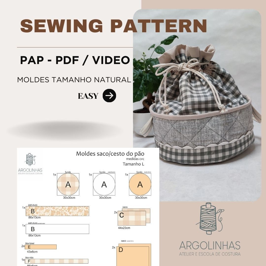 Saco Cesto Pão PDF, Sewing Pattern , Moldes Tamanho Real , Só Moldes ...