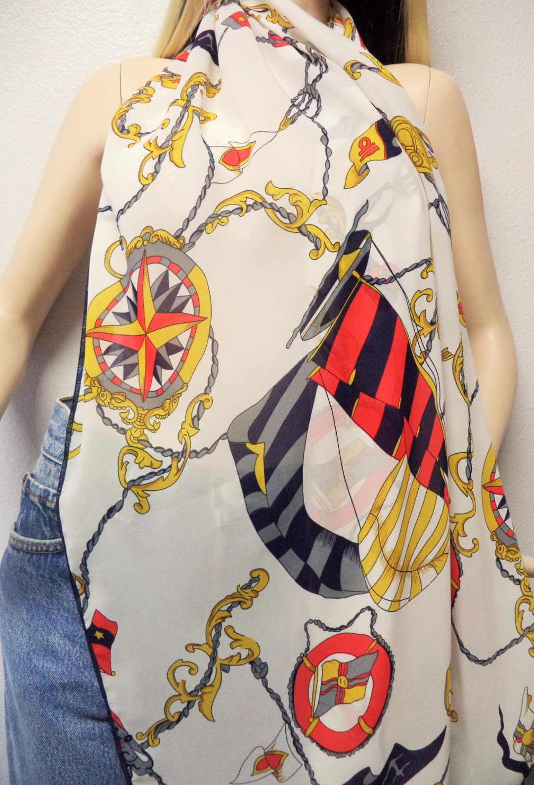 Nautical Long Neck Scarf Light Weight Chiffon , Sail Boats Stars ...