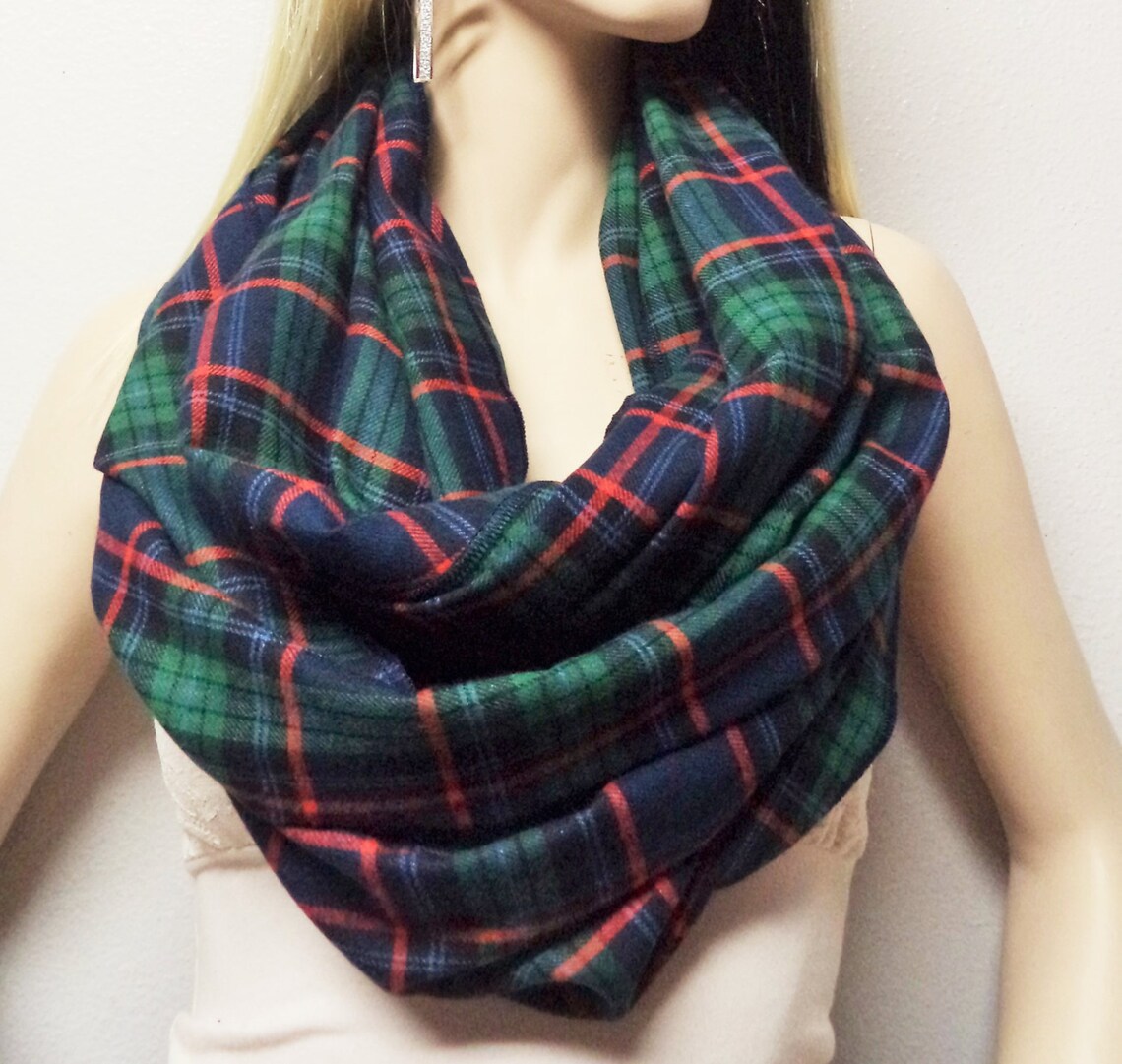Plaid Cotton Flannel Infinity Scarf Navy Red Green Soft , Comfy Long ...