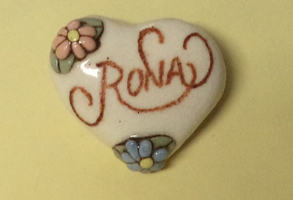 Rona----Vintage Ceramic Heart Name Pin Brooch Jewler… - Gem