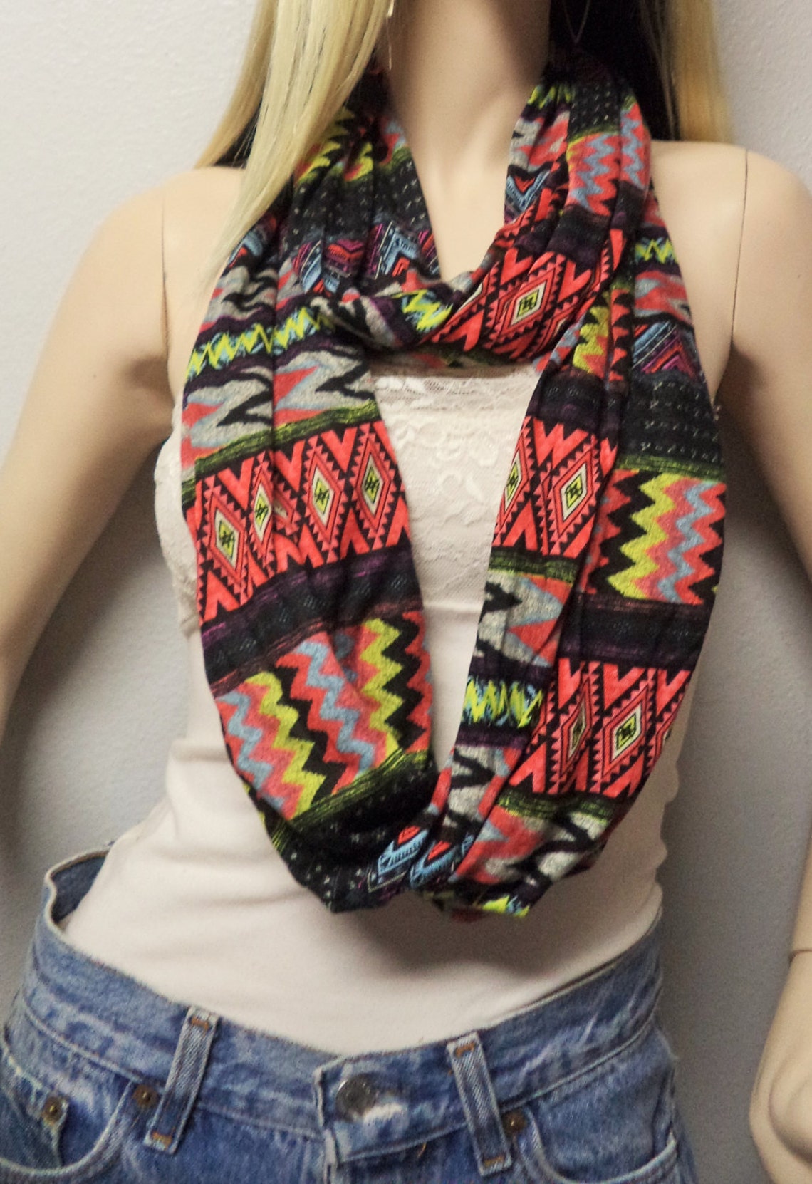 Pretty Colors on Black TRIBAL Print Infinity Scarf Southwest - Etsy