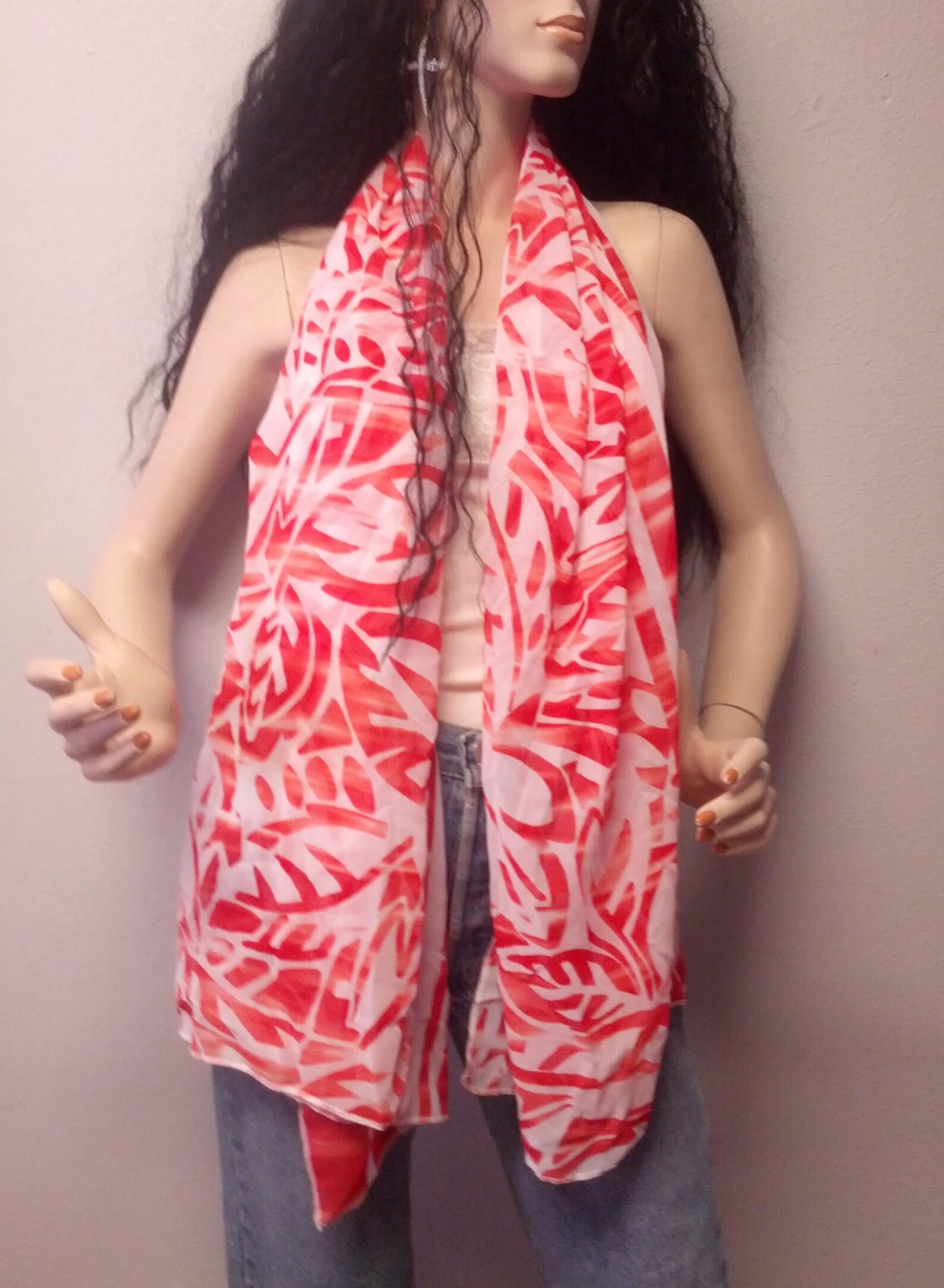 Fabulous Long Neck Scarf Coral Red and White Tribal Print - Etsy