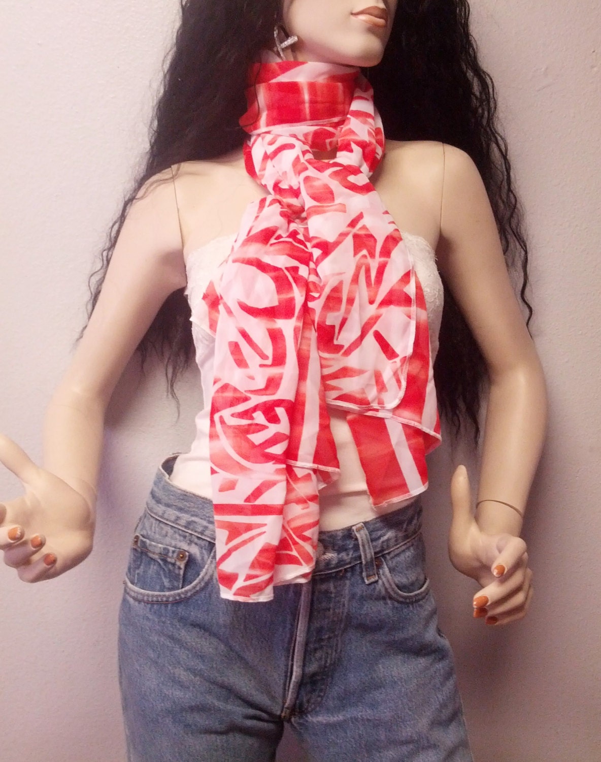 Fabulous Long Neck Scarf Coral Red and White Tribal Print - Etsy